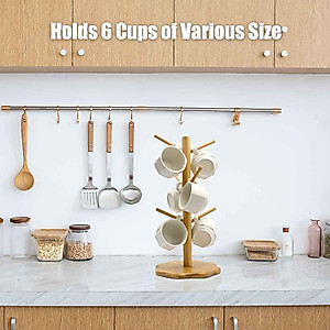 Mug Tree, Coffee Mug Tree, Bamboo Countertop Mug Tree Stand , Coffee Mug Holder Tree for Counter Stand with 6 Hooks, Octagon Base Coffee Cup Tree, Removable Mug Stands