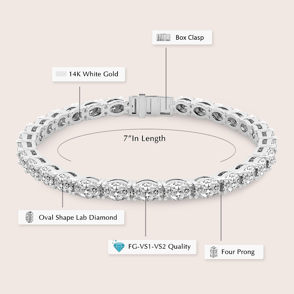 FRIENDLY DIAMONDS 5 Carat IGI Certified Lab Grown Diamond Bracelet Line 7" | 14K in White Gold | Aldea Oval Lab Diamond Tennis Bracelet | Prong Settings | FG-VS1-VS2 Quality