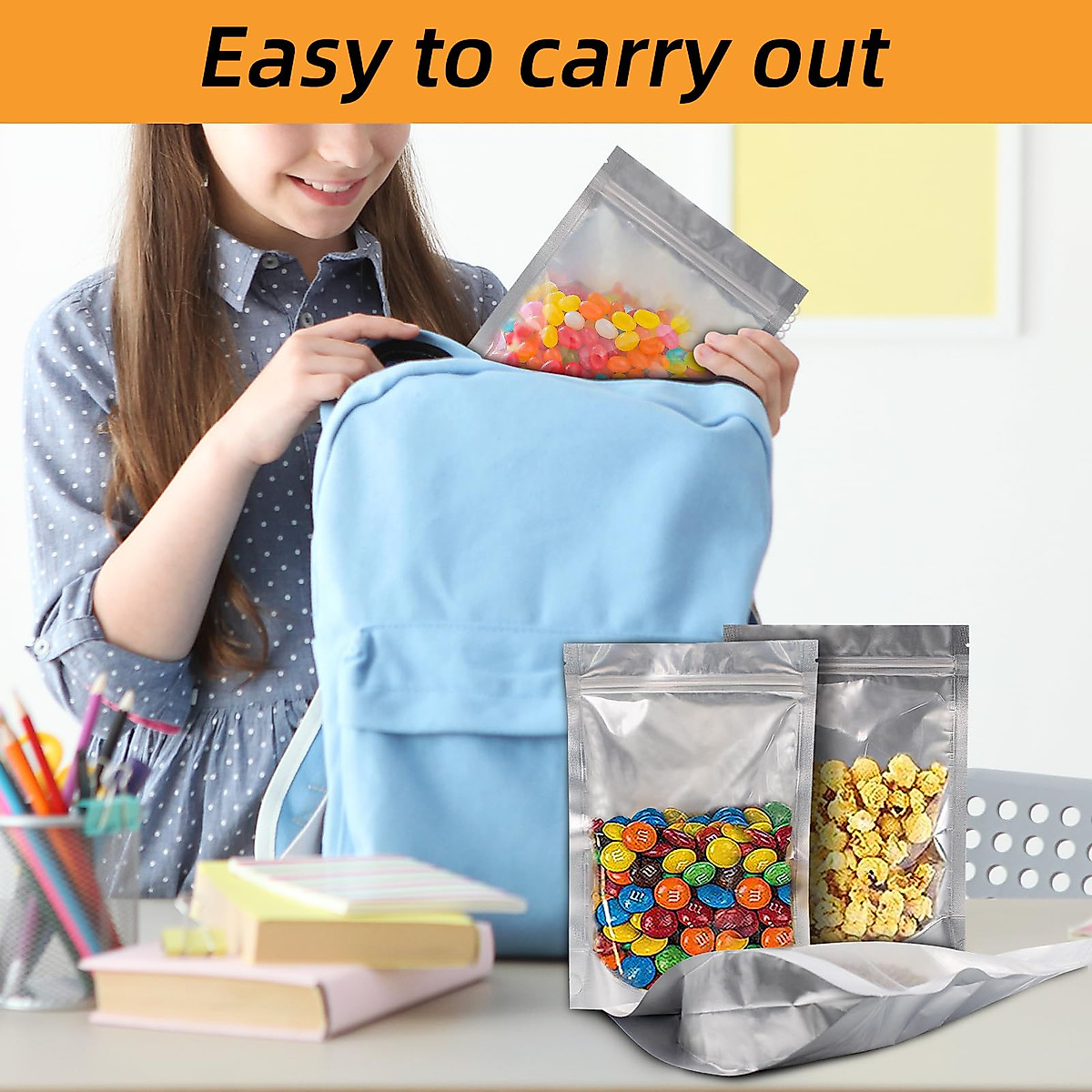 Wisesorb 1 Quart 90 Packs Mylar Bags For Food Storage, 7"x 10" Mylar Bags With Window, Freeze Dried Candy Bags, Reusable Storage Bags For Food, Mylar Food Storage Bags for Long Term Food Storage