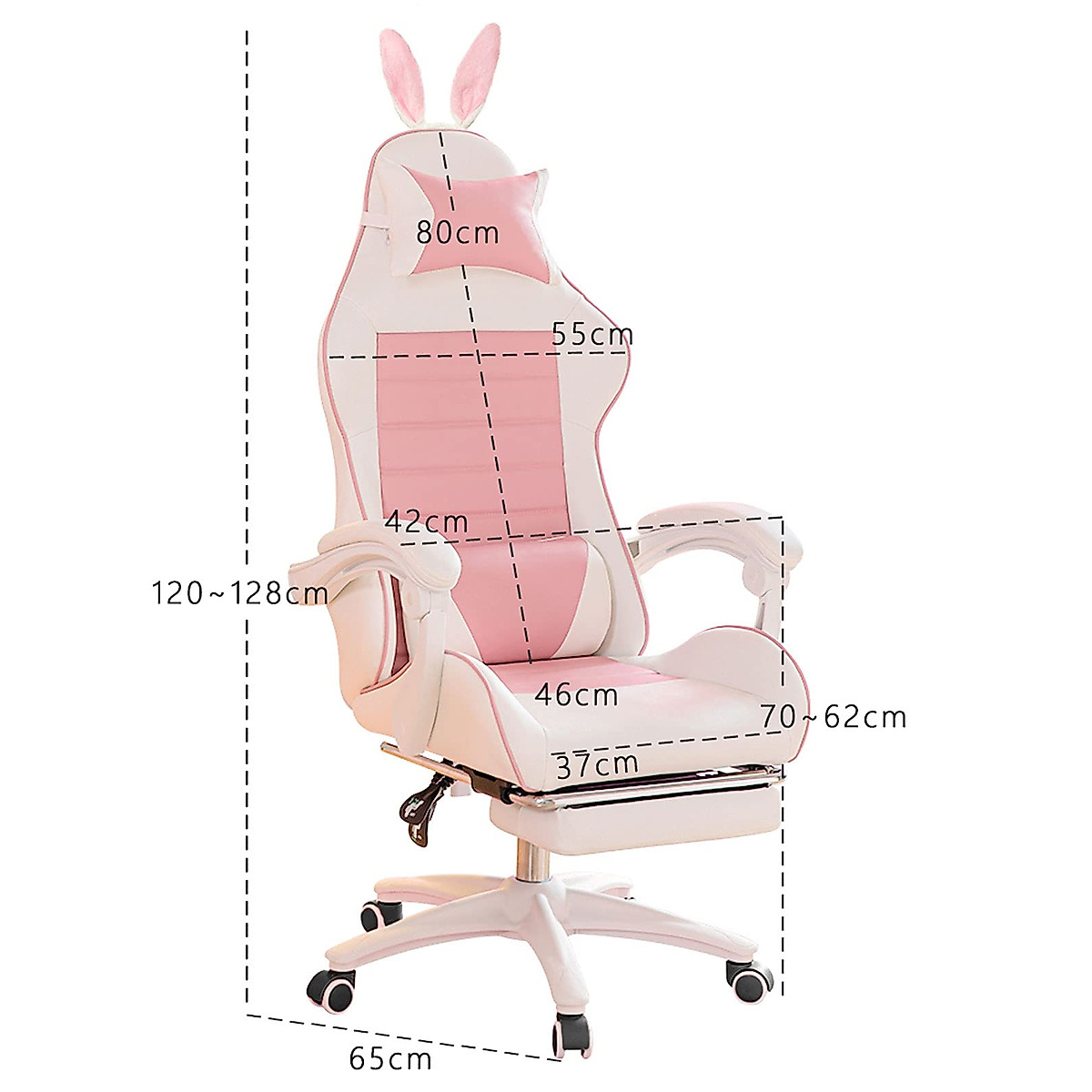 FFLLAS Gaming Chair Pink,Computer Office Chair Cute Pink Rabbit Style, with Retractable Arms and Footrest Adjustable Massage Lumbar Cushion Ergonomic Computer Desk Chair,Purple