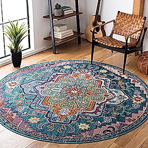 SAFAVIEH Crystal Collection 7' Round Teal / Rose CRS501T Boho Chic Oriental Medallion Distressed Non-Shedding Dining Room Entryway Foyer Living Room Bedroom Area Rug