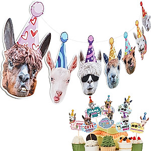 Llama Birthday Garland Funny Alpaca Face Portrait Bunting Banner 24 pcs Llama Cactus Cake Cupcake Topper Hilarious Mexican Bday Party Decoration Baby Shower Supplies