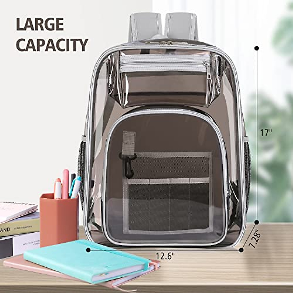 SIMBOOM Clear Backpack, Heavy Duty TPU Transparent Backpacks Large See Through Bookbag with Reinforced Strap for School, Stadium, Security, Work, Travel, College, Sporting Events, Concert (Grey)