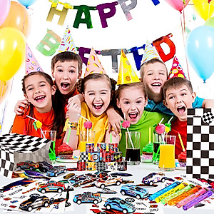 Vanblue 110Pcs Race Car Party Favors Race Car Birthday Party Supplies Straw Bubble Slap Bracelet DIY Sticker Toy Gift Boy Kid Treat Candy Bags Stuffers Themed birthday Decorations Classroom Reward