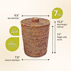 KOUBOO La Jolla Rattan Round Waste Basket With Lid & Plastic Insert, 2 Gallon Woven Wastebasket for Bathroom, Kitchen, Office, Living Room, & Home Decor, Honey Brown