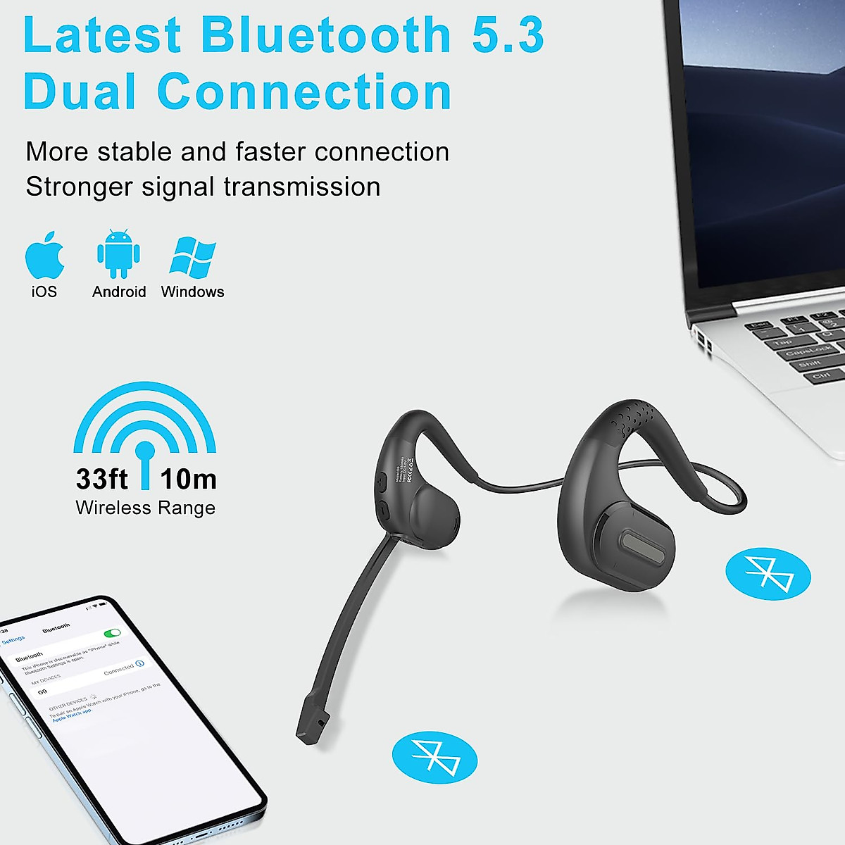 iDIGMALL Bluetooth Headset with Detachable Microphone, Multi-Point Wireless Headset w/DSP Noise Canceling Mic for Phone PC Laptop, Comfort & Light Open Ear headphones for Office Meeting Home Work, 12H