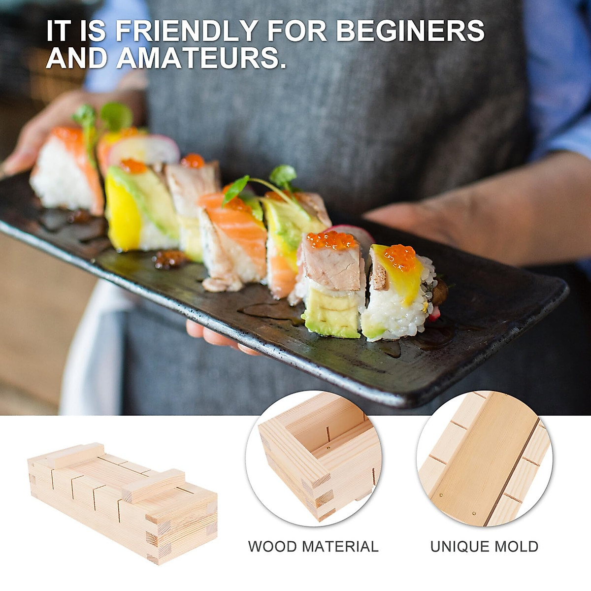 DOITOOL Sushi Making Kit, Rectangular Wooden Sushi Press Mold, Sushi Maker Wooden Musubi Maker Press at Home or Kitchen