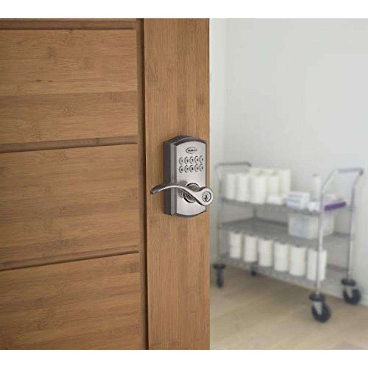 Kwikset SmartCode 955 Keypad Electronic Lever Door Lock Deadbolt Alternative with Pembroke Door Handle Lever Featuring SmartKey Security in Satin Nickel