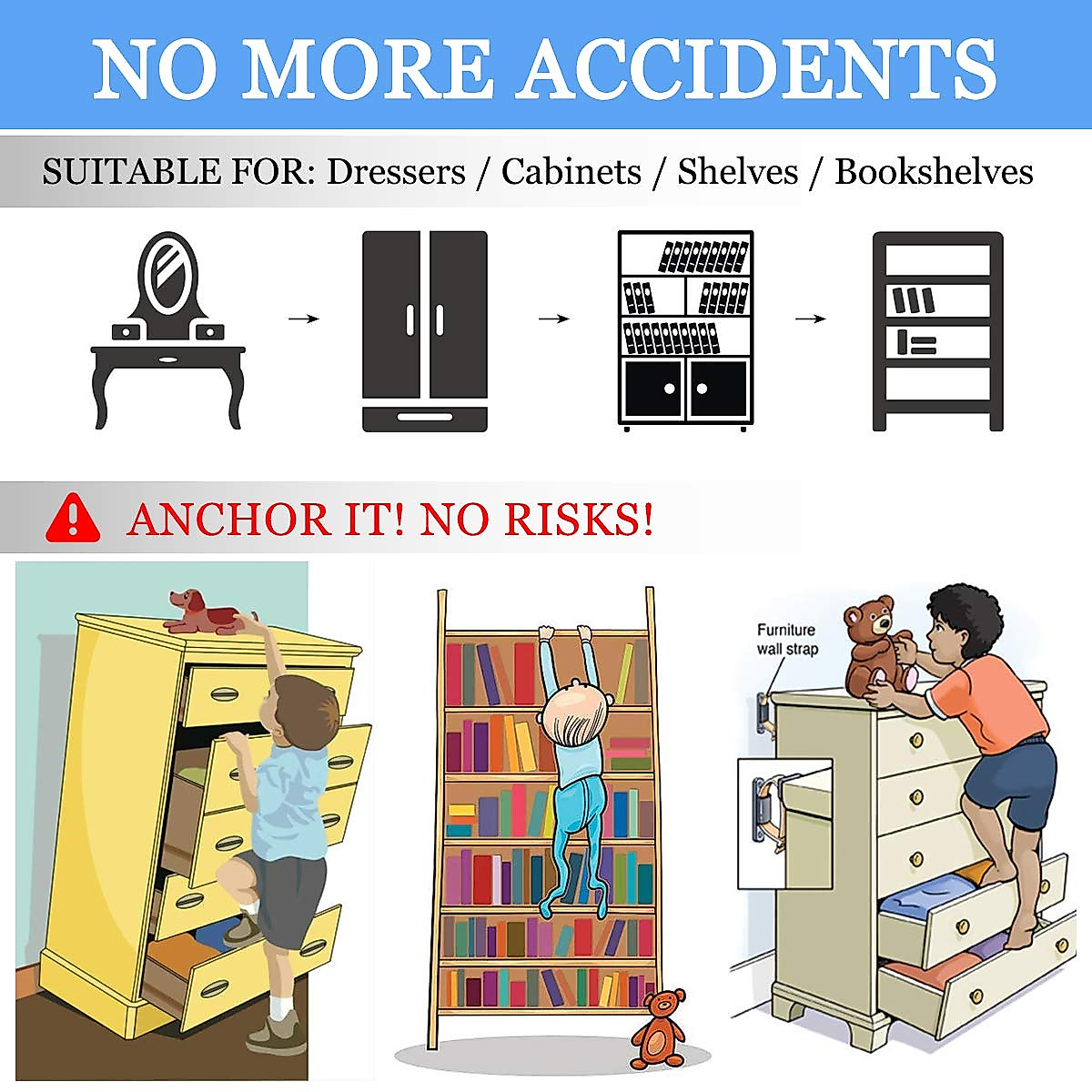 Furniture Anchors for Baby Proofing, ALLICAVER Metal Made Child Proofing Anti-tip Furniture Straps (4-Pack)