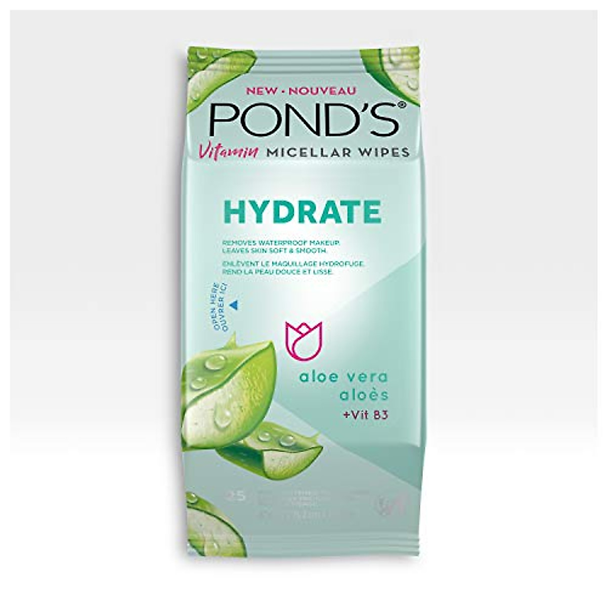 Pond's Vitamin Micellar Wipes For Dry Skin Hydrate Aloe Vera Removes Waterproof Makeup 25 Wipes