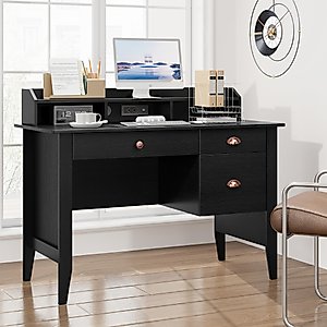 TTVIEW Computer Desk with Storage Drawers & USB Charging Port, Home Office Executive Desk with Hutch Shelf and File Drawer, Writing Study Table with 47" Wide Tabletop for Small Spaces, Black