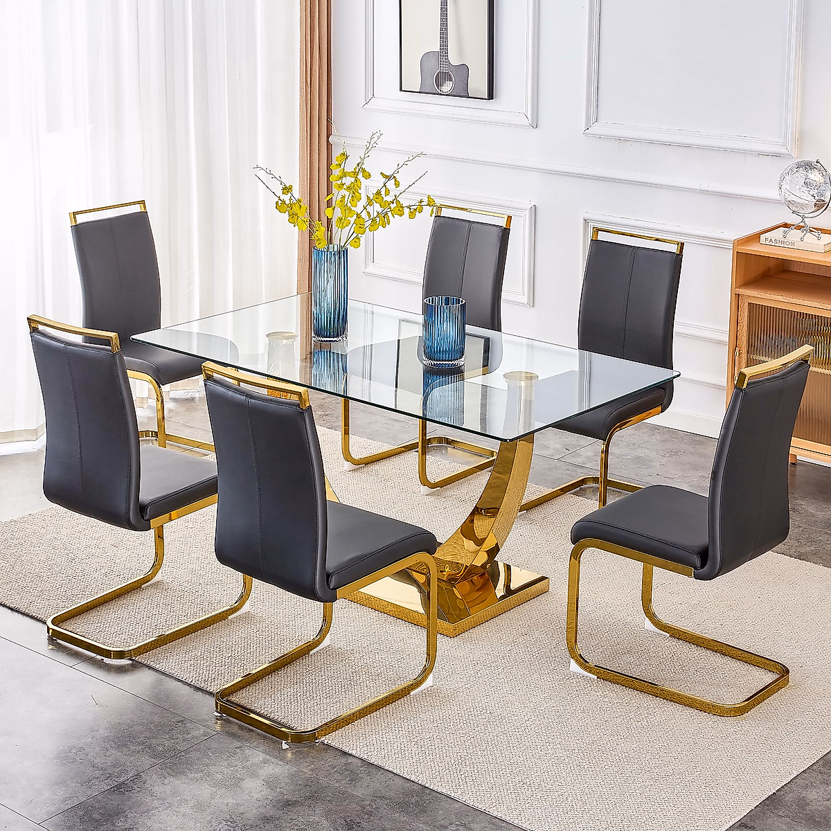 63" Glass Dining Table for 4 to 6 People, Modern Minimalist Kitchen Table with Tempered Glass Tabletop and Gold Metal Base, Large Rectangle Dining Room Table for Kitchen Dining Room