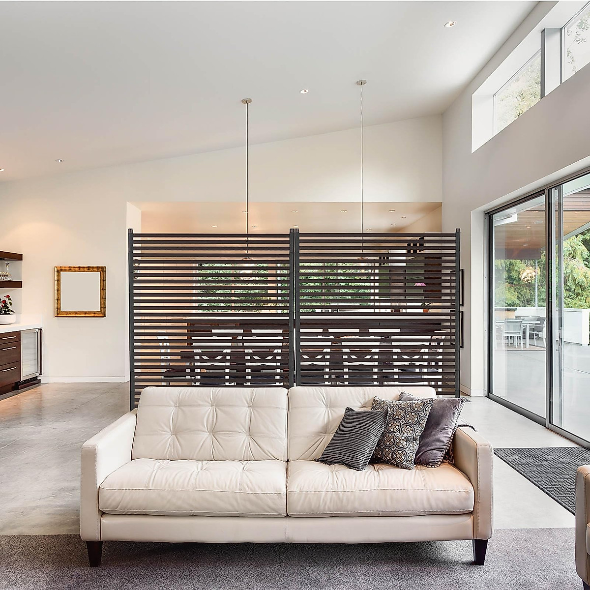 YOTOWORTH Patio Privacy Fence Screen, Outdoor Metal Slatted Decorative Privacy Screen and Panels Freestanding for Patio Divider, Brown Outdoor Privacy Screen with Stand, 71" H×35.4" W