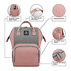 Hafmall Diaper Bag Backpack, Large Baby Diaper Bag with Stroller Hooks, Multifunctional Travel Nappy Bag, Stylish & Waterproof, Pink Gray