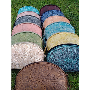 Womens Cosmetic Case, Leather makeup case, handtooled, toiletry and travel bag, zipper close, lined, tassel