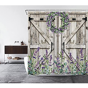 LB Western Barn Door Shower Curtain Sets with Rugs Purple Lavender and Green Eucalyptus Wreath Fabric Shower Curtain with Hooks Rustic Wood Board Bathroom Curtains Shower Set, 72x72 inches