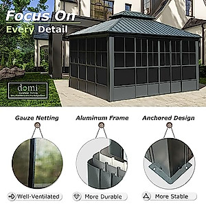 Domi 12x14FT Sunroom,Solarium Aluminum Hardtop Gazebo with Galvanized Steel Double Roof, Lockable Screen House,Moveable PC Screen&Sliding Door for Patio Deck Backyard Lawn