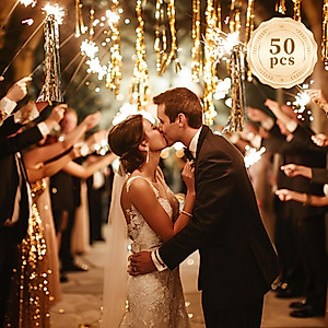 50 Pcs Lighted Fairy Wands with Bells LED Top Glitter Foil Tinsel Streamers Wedding Wand Sticks Party Favors for Bridal Wedding Send Off Ideas Disco Retro Birthday Party Favors Decors (Champagne)