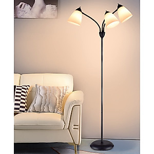 DINGLILIGHTING DLLT Modern Reading Floor Lamp, 3-Light with Adjustable Flexible Gooseneck Tree Standing Lamp for Living Room, Bedroom, Study Room, Office -Black Metal White Shades, E26 Base, UL