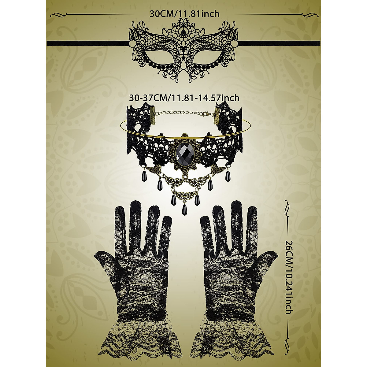 Boao Masquerade Costume Set for Women, Lace Masquerade Mask Gloves Black Gothic Choker Necklace Cosplay Accessories (Elegant Style)