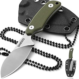 Omesio Neck Knife, Full Tang EDC Knife Necklace for Men, 5.82" Fixed Blade Knife with Kydex Sheath and Clip, Nessmuk Blade Small Knife D2 Steel G10 Handle for Outdoor, Survival, Camping