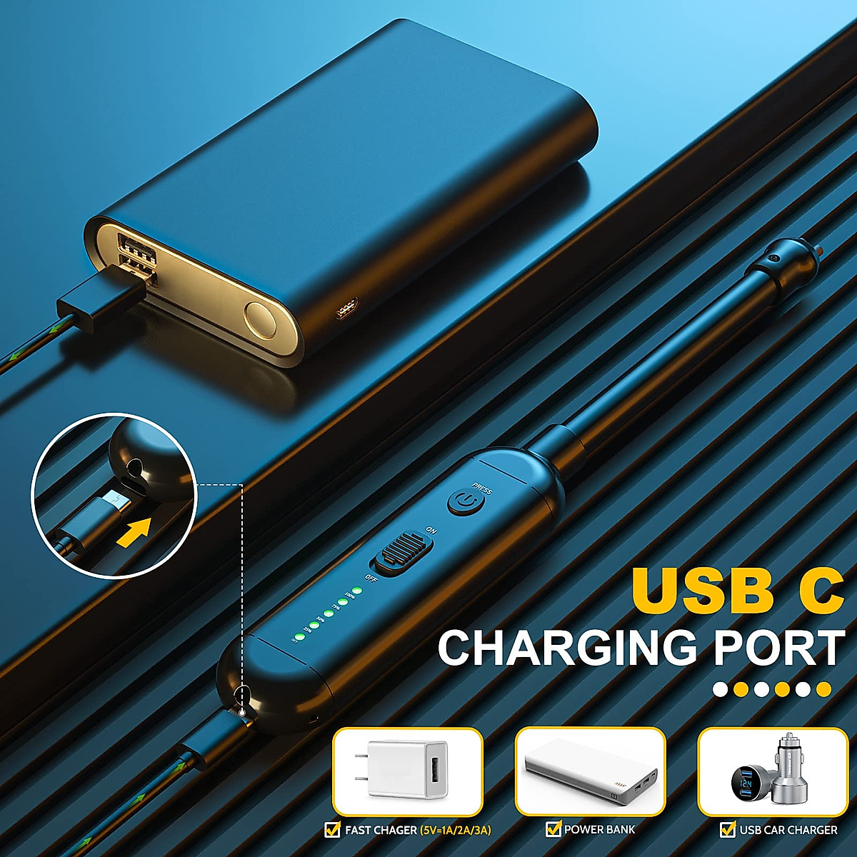 Candle Lighters USB-C Electric Rechargeable: Plasma Arc Windproof Flameless Extra Long Electric Lighter with Safe Button for Grill BBQ Fireplace Camping Stove Kitchen Firework Birthday Christmas