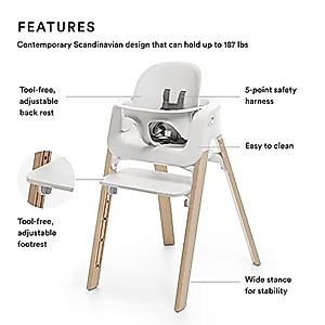 Stokke Steps High Chair - Natural Legs & White Seat - 5-in-1 Seat System - Includes Baby Set - Suits Babies 6-36 Months - Chair Holds Up to 187 lbs. - Tool Free & Adjustable