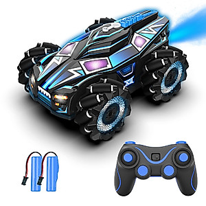 HR Fog Remote Control Car for Kids High Speed LED Light Race RC Car,Rear Fog Stream 4WD 2.4GHz Double Sided Rotating 360Flips Vehicles, Birthday Gifts for Boys and Girls (Blue)