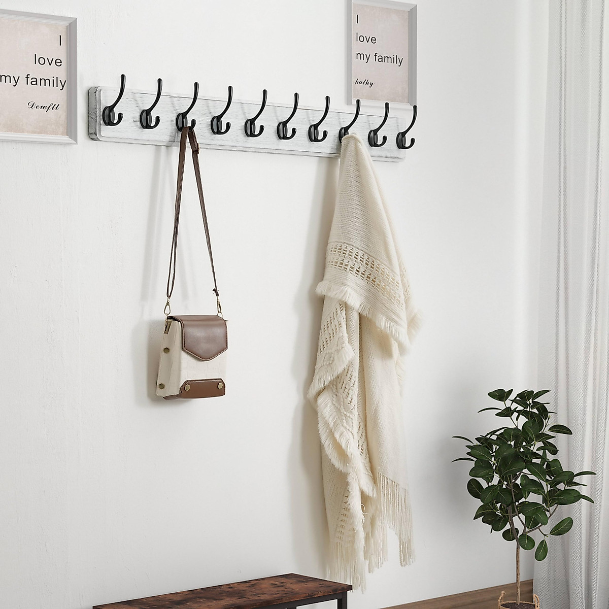 Dseap Coat Rack Wall: Patented, Heavy-Duty, 5-Double-Hooks Wooden Wall Mounted Coat Rack Coat Hanger Hook Rail for Winter Coats Hat Jacket Clothing, White & Black
