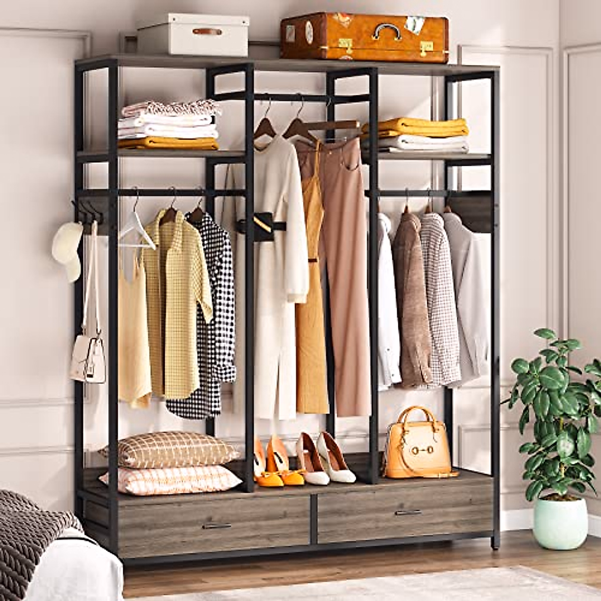 Tribesigns Freestanding Closet Organizer with 2 Drawers, Heavy Duty Garment Rack with Shelves and 6 Hooks, Wardrobe Closet Clothes Rack for Hanging Clothes, Clothing Storage for Bedroom, Gray