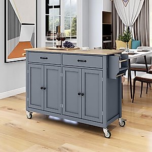 Islands for Kitchens with Storage, Large Kitchen Island Cart on Wheels with Wood Top, Rolling Kitchen Island with Storage Cabinet, Living Room Storage Furniture for Small Spaces, Grey