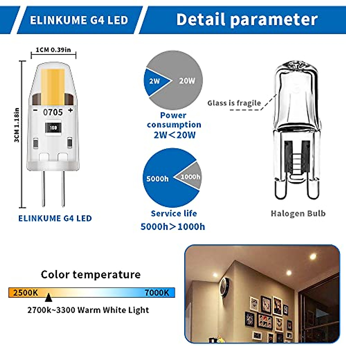 ELINKUME LED G4 Dimmable Bulbs,2W 95LM Warm White Energy Saving Bulb, Equivalent to 20W Halogen Lamp,No Flicker,DC 12V,G4 LED Pin Cap, 360°Beam Angle,10 Packs