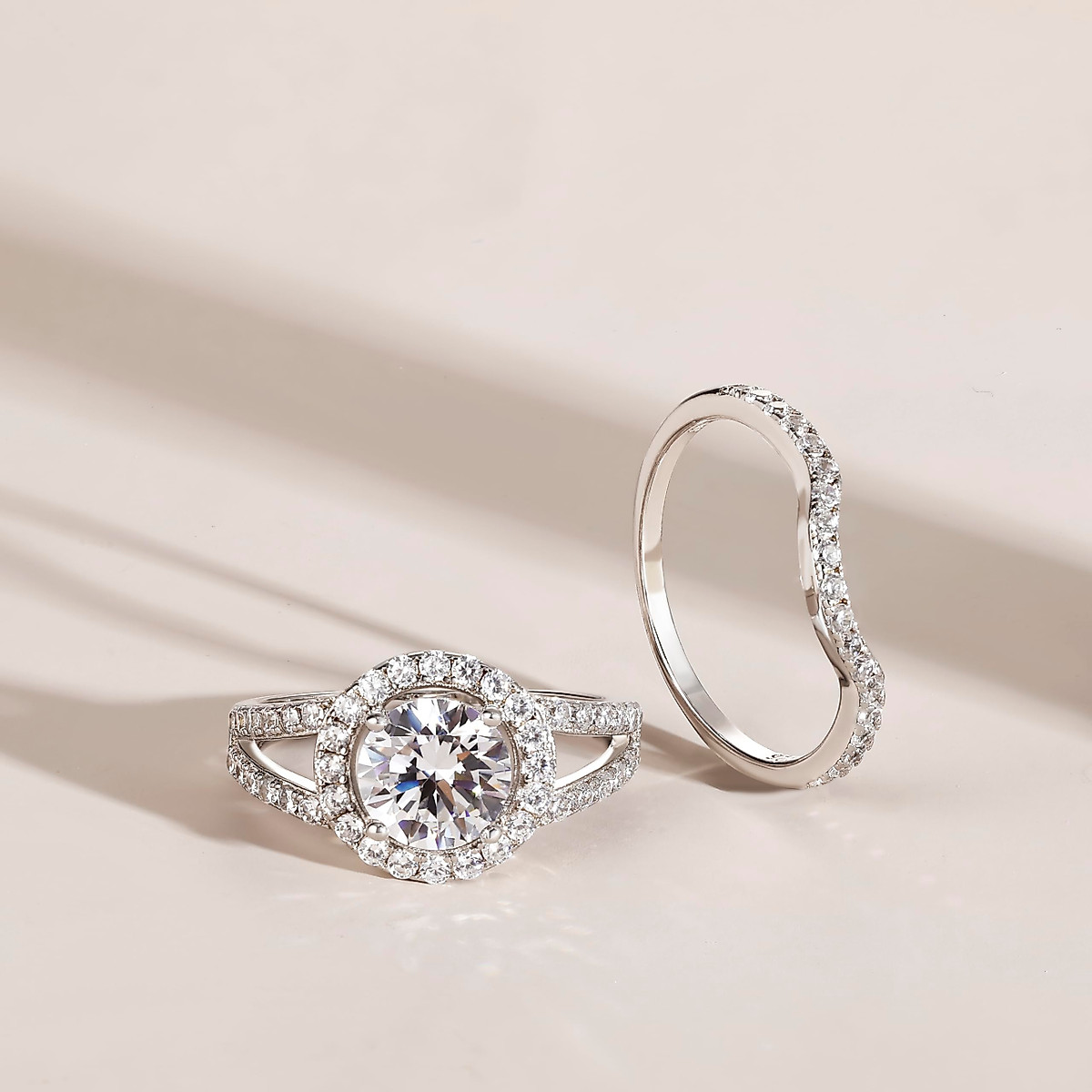 JALOKIVI 1.5CT 925 Sterling Silver Bridal Rings Sets for Women Round Cut Halo Cubic Zirconia Engagement Ring Wedding Band Size 8