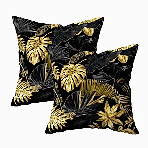 silichee Couch Pillow Covers 20 X 20 2 Pack Pattern with Gold and Black Tropical Leaves on Dark Background for Sofa Bedroom Couch Halloween Christmas Thanksgiving