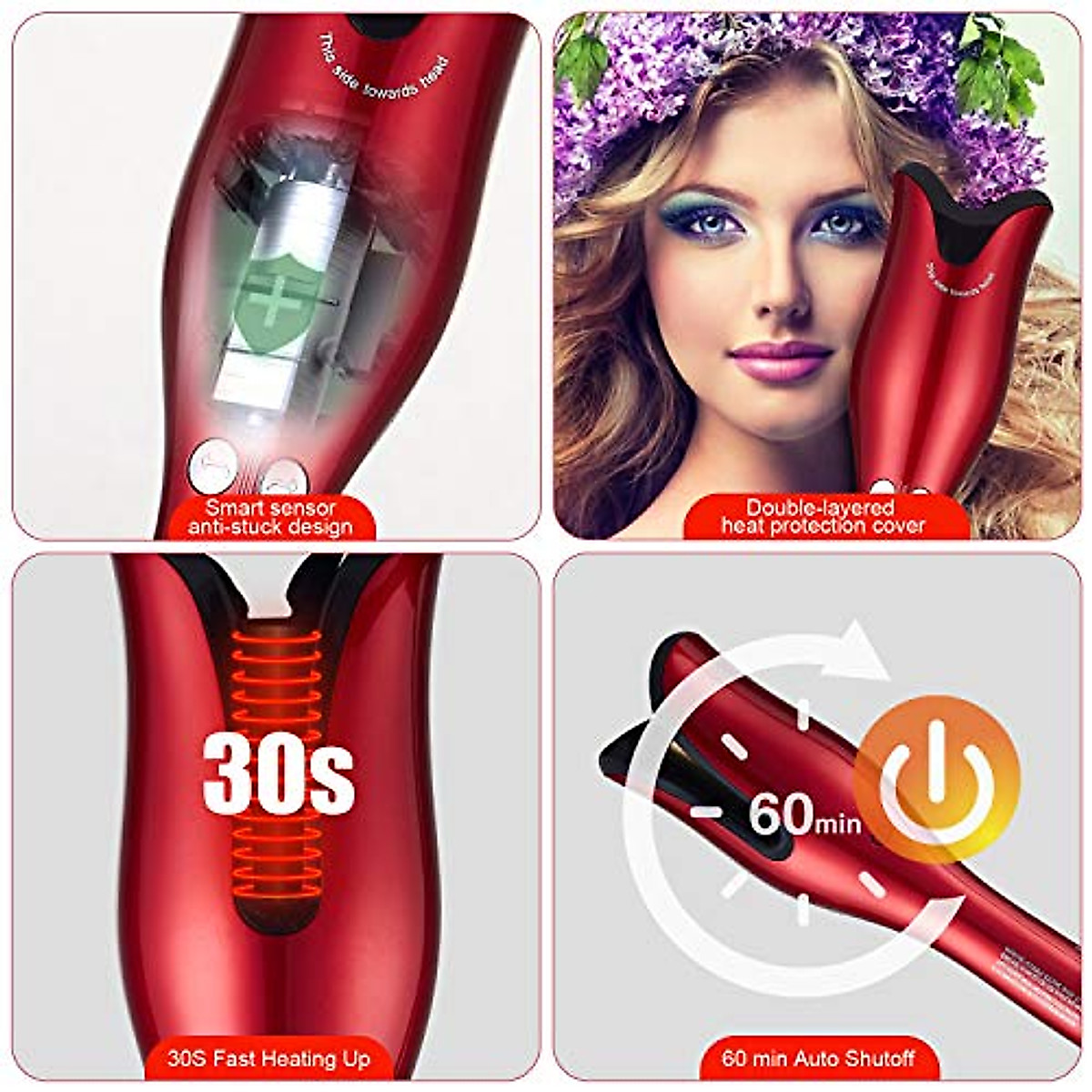 MIUOPUR Automatic Hair Curling Iron with Ceramic Ionic Barrel, Smart Anti-Stuck, Auto Rotating Hair Curling Wand with Temperature Display and Timer, Professional Hair Curler Styling Tool - Red