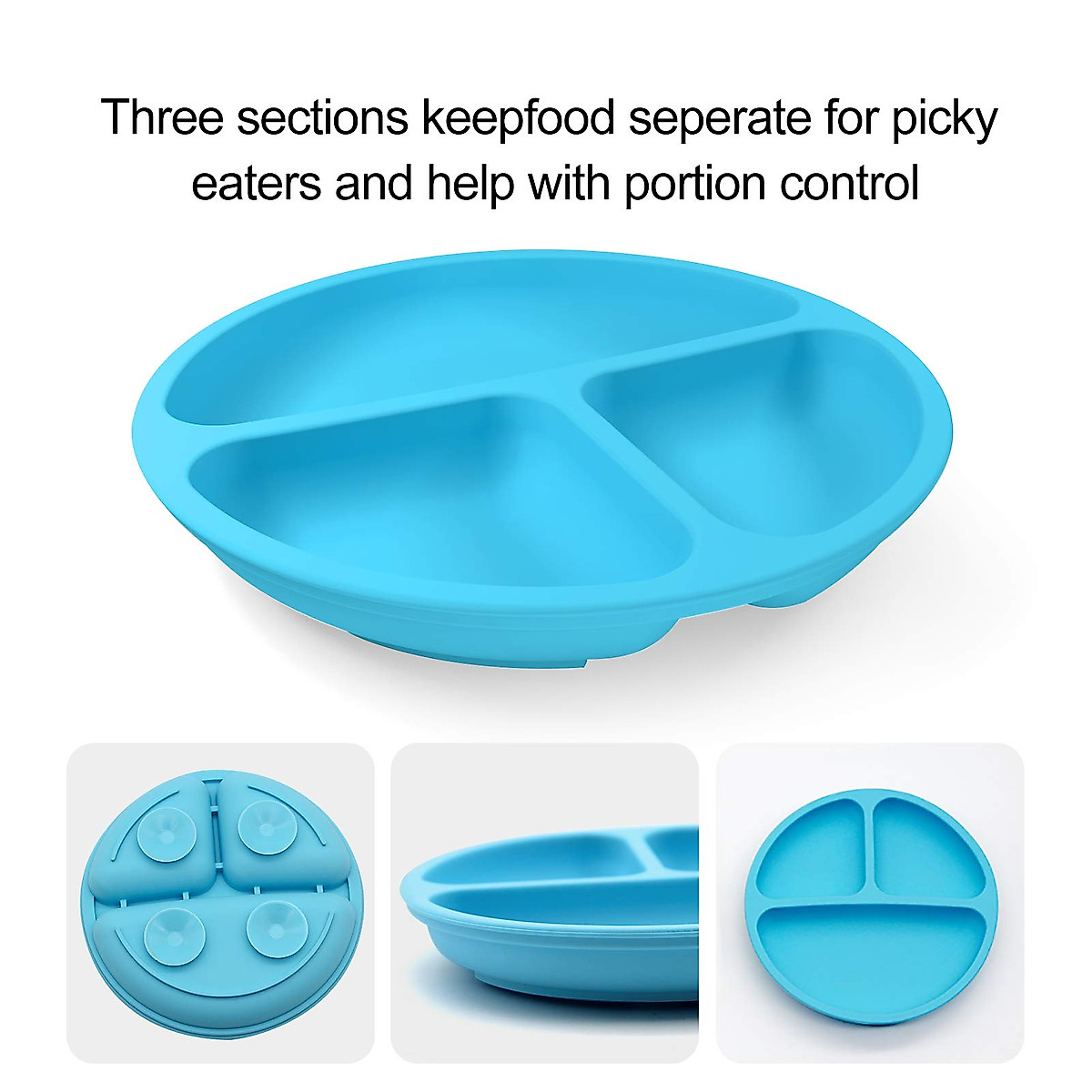 Baby Plates Toddler Plates with Suction,Silicone Suction Plates for Babies and Toddlers,Baby Divided Plates with Spoon Fork,Kids Plates BPA Free,Dishwasher and Microwave Safe (Green Blue Grey)