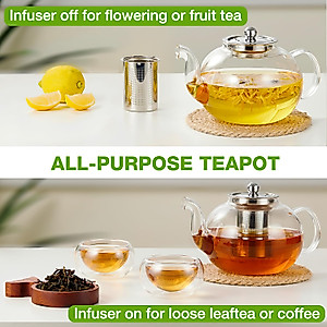 Large Glass Teapot Set, TeaPot (40 OZ/1200ml) with 4 Double Wall Teacups & Removable Stainless Steel Infuser, Stovetop Safe Tea Kettle, Blooming & Loose Leaf Tea Maker Set, Microwave Dishwasher Safe