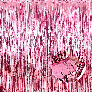 4 Pack Pink Foil Fringe Curtain Backdrop, 3.28Ft x 8.2Ft Metallic Tinsel Foil Fringe Streamer Curtains for Photo Booth Props, Birthday, Wedding, Valentine's Day Decoration Party Supplies