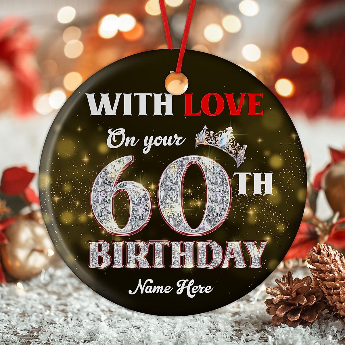 Sixty Years Old Ornament Christmas for Women Girl Friends Family Personalized Happy 60th Birthday Round Ornaments 3 Inch Gift with Name Anniversary Birthday Xmas Keepsake Party Decoration