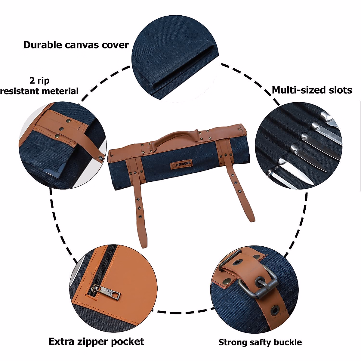 Chef knife roll bag large | stores 10 knives, 3 kitchen utensils Plus leather zipper pouch size open: 28" x 20" | waxed canvas knife carrier | easily carried shoulder strap professional chefs