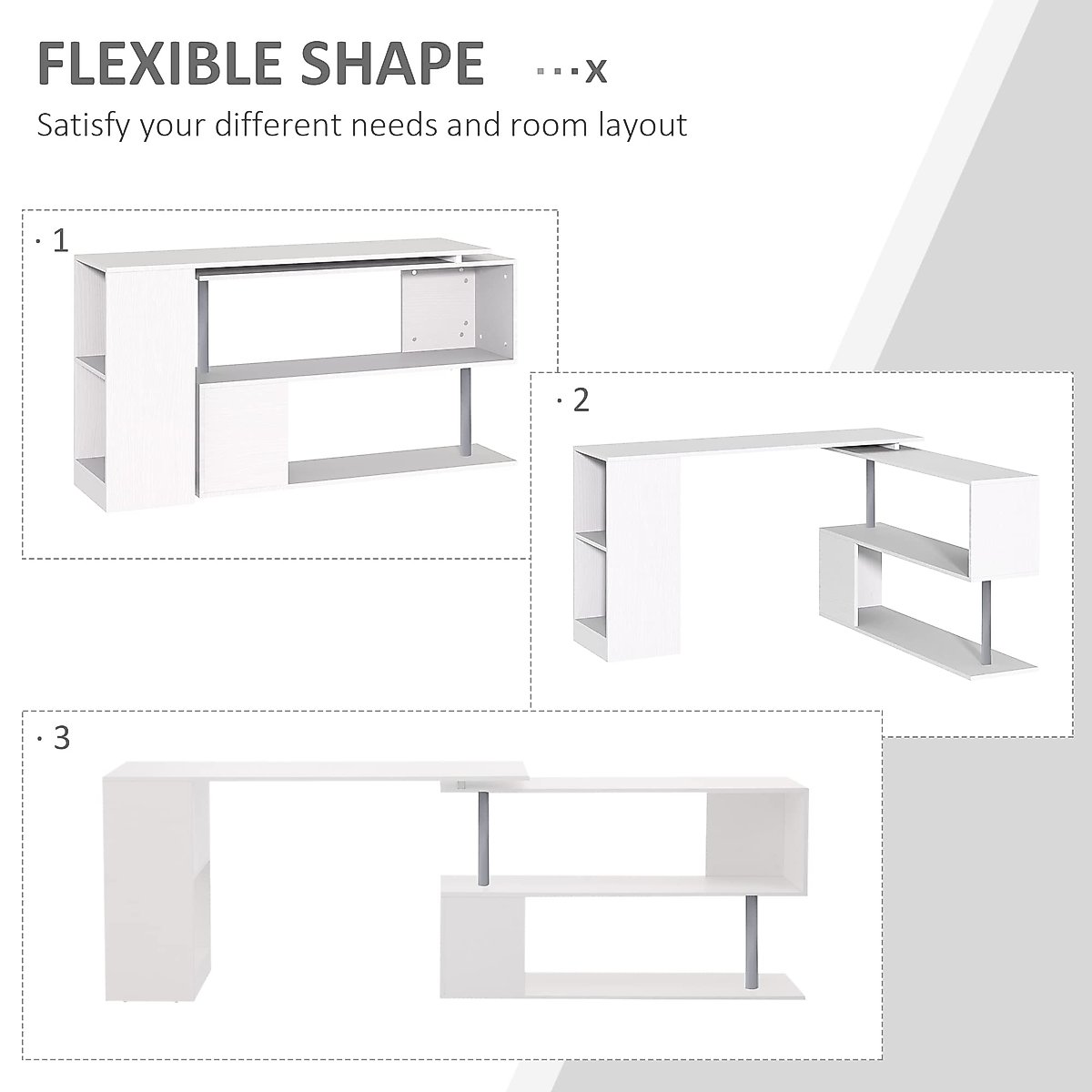 HOMCOM 55" 360° Rotating Corner Computer Desk Modern L-Shaped Home Office Workstation with 3-Tier Storage Shelves, Bookshelf, White