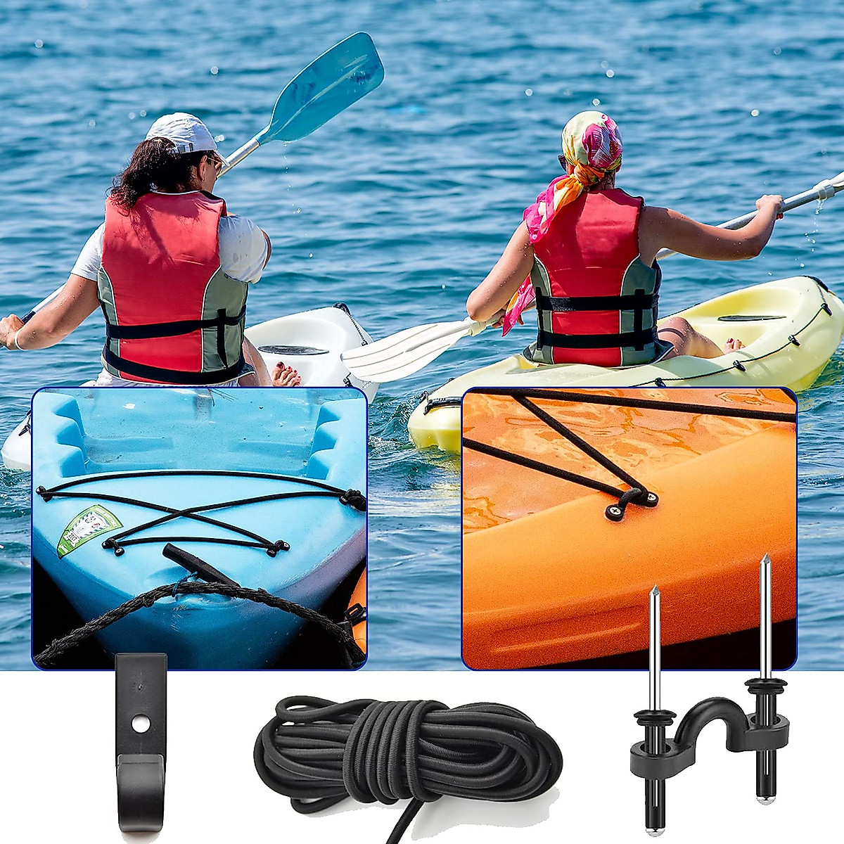 Kayak Carry Handle Rigging Kit - 4 Pcs Kayak Canoe Carry Handles with Rivet Pad Eyes & J - Hooks, 15 FT 6mm Elastic Bungee Cord Replacement Parts for Kayaks Canoes Boat Suitcase (Orange)