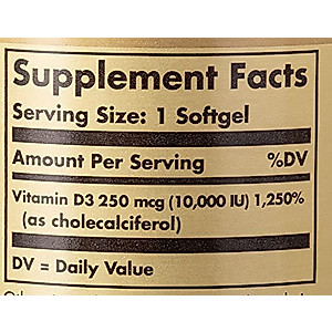 Solgar Vitamin D3 (Cholecalciferol) 250 MCG (10,000 IU), 120 Softgels - Helps Maintain Healthy Bones & Teeth - Immune System Support - Non GMO, Gluten/ Dairy Free - 120 Servings