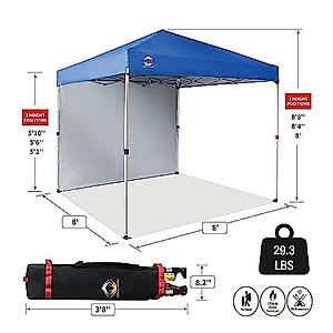 CROWN SHADES Canopy Tent 8x8 Pop Up Canopy Outdoor Shade with One Sidewall, Easy Up Sun Shelter with One Person Set Up Center Lock, Portable Instant Camping Beach Canopy Tents, Blue