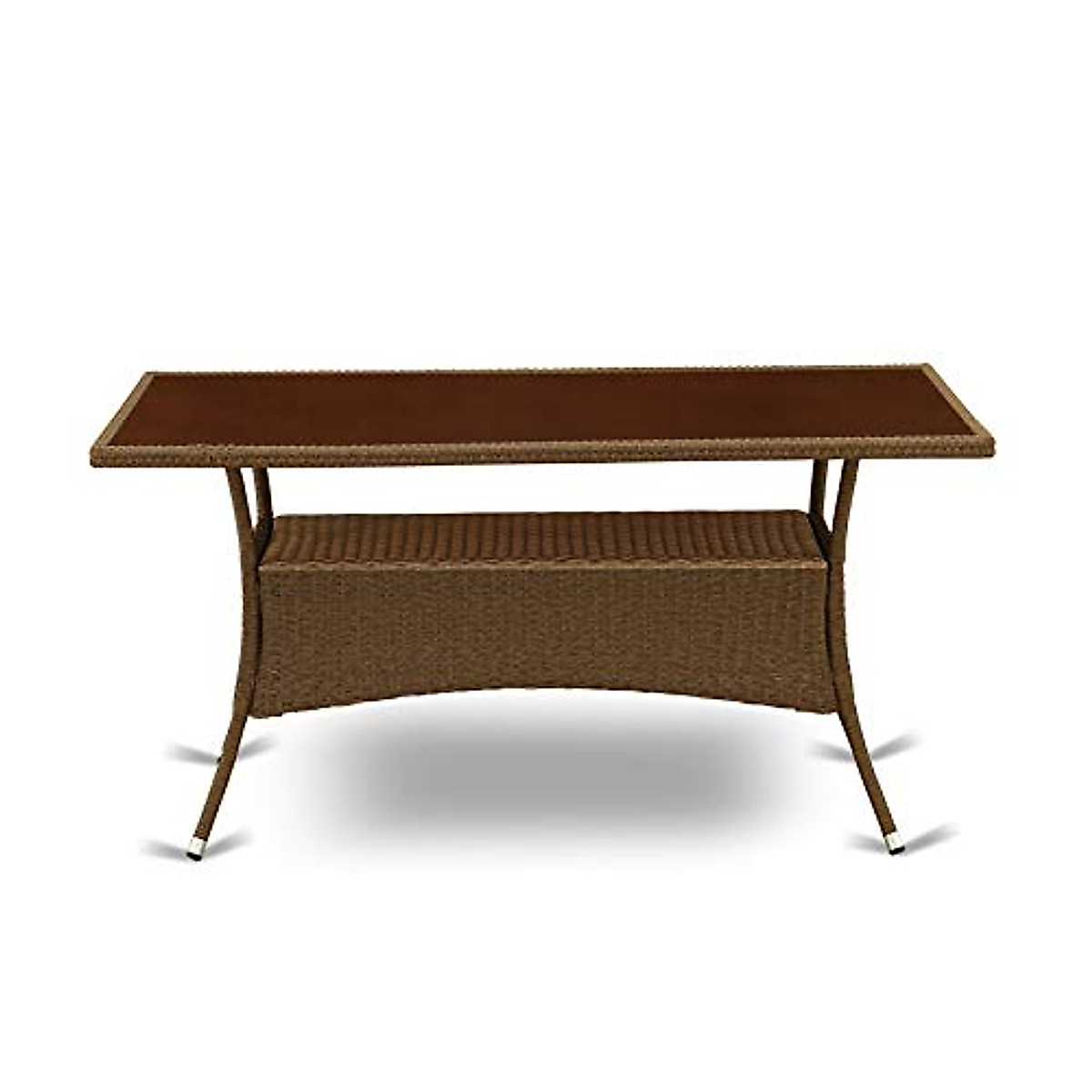 East West Furniture Oslo 7 Piece Outdoor Wicker Patio Furniture Sets Consist of a Rectangle Bistro Table with Glass Top and 6 Balcony Armchair with Cushion, 36x60 Inch, Brown