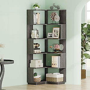 Tribesigns 6-Tier Corner Bookshelf, 64.9 Inch Tall Bookcase with Anti-Drop Panel, Industrial Freestanding Corner Shelf Display Rack Storage Organizer for Home Office, Living Room, Grey