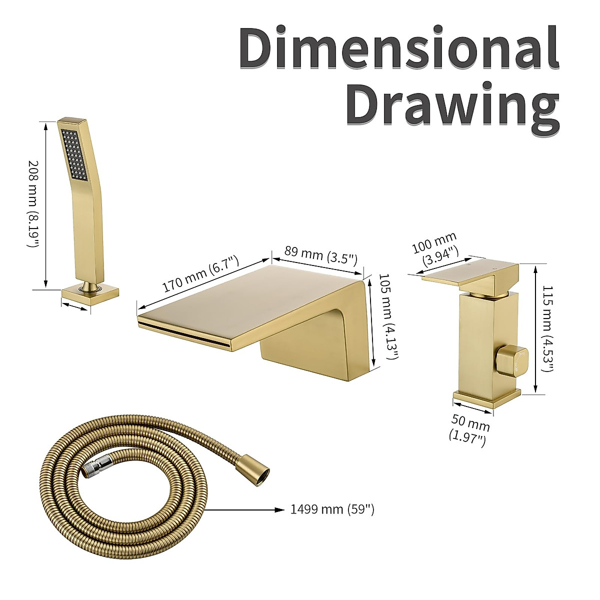 Waterfall Roman Tub Faucet with Hand Shower Deck Mount Bathtub Faucet with Hand Shower Widespread Bathtub Faucets Set Bathtub Shower Faucet Set Brushed Gold - 1725BG