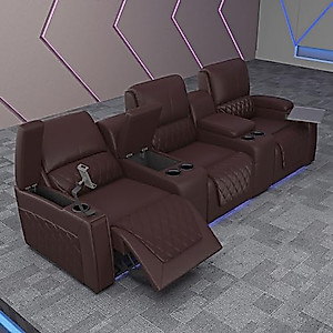 Home Theater Seats, Electric Recliner with USB Port and Cup Holder, Breathable Cowhide Double Sofa with Hidden armrest Storage Space, and Seats with Ambient Lighting (Coffee Color, Set of 3)