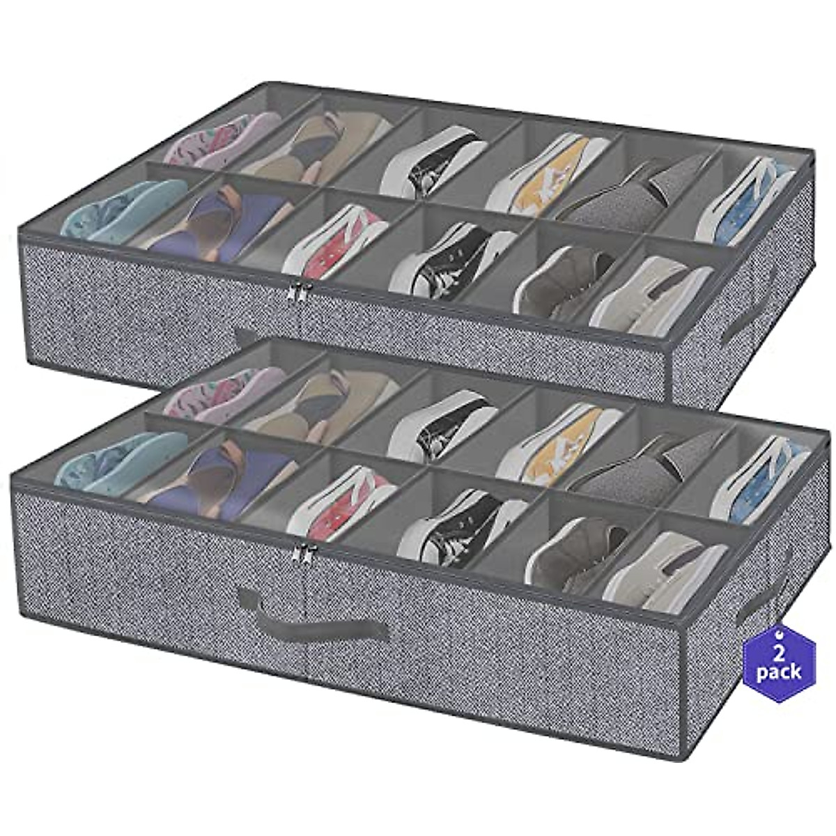 Onlyeasy Large Under Bed Shoe Storage Organizer with Strong Zippers & Handles Set of 2, Fit Total 24 Pairs, Underbed Organizers for Kids & Adults, 29.3"x23.6"x5.9", Herringbone Grey, 9MNRUBSB2P