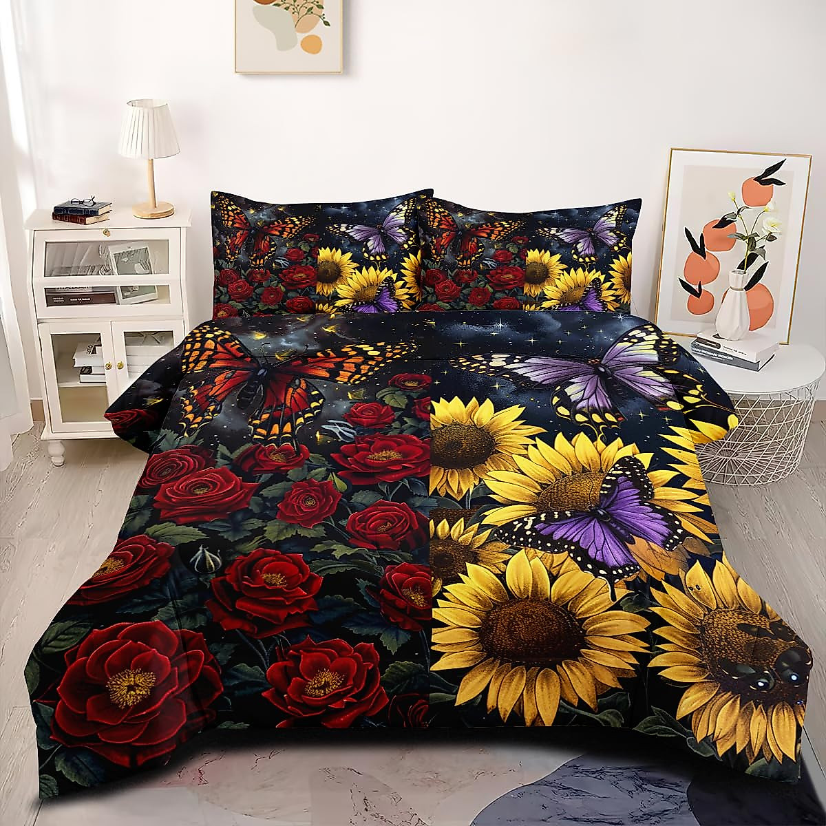 CCoutueChen Butterfly Comforter Set Queen,Yellow Sunflowers Comforter for Girls,Purple Butterfly Bedding,Botanical Floral Bedroom Decor, 3Pcs Soft Lightweight Summer Comforter